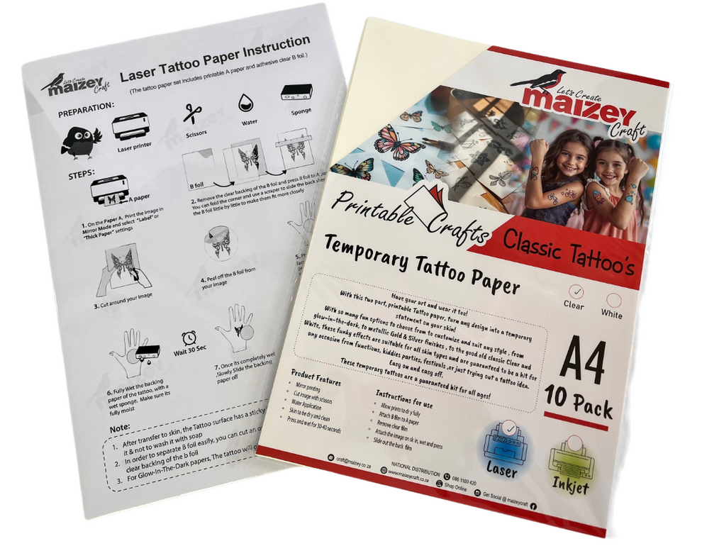 LASER PRINTABLE TATTOO PAPER ,CLEAR, 10 PACK/A4 – Maizey Craft