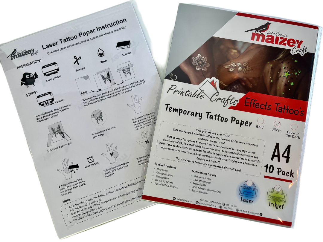 INKJET PRINTABLE TATTOO PAPER ,SILVER, 10 PACK/A4 – Maizey Craft